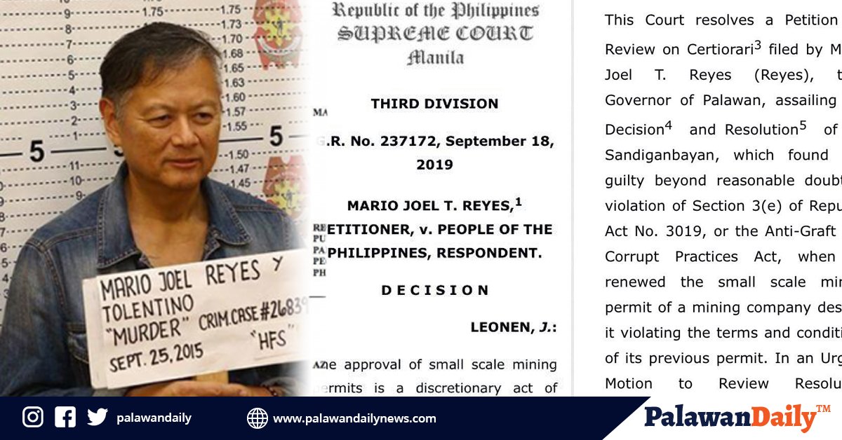 Former Palawan Governor Joel T. Reyes faces new arrest warrant for murder