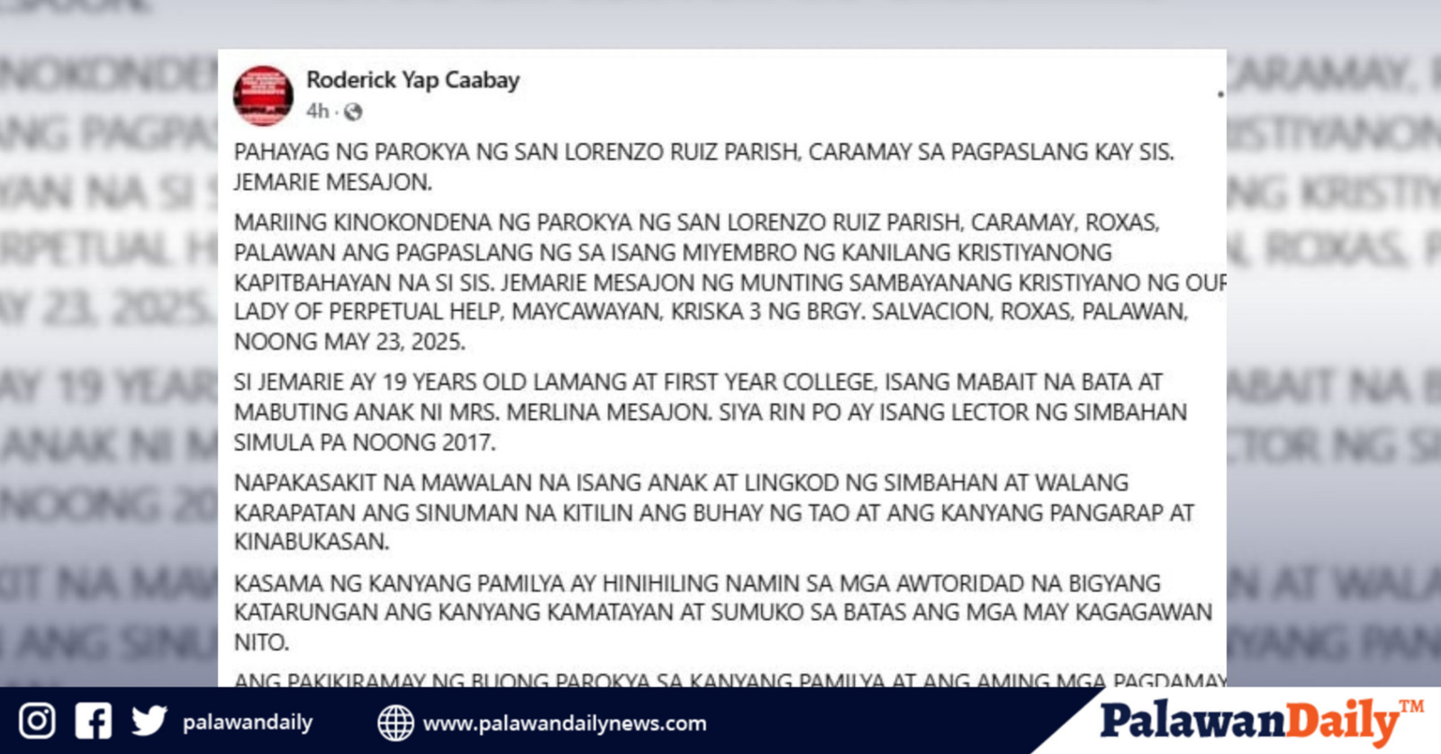 Parokya sa bayan ng Roxas, nanawagan ng hustisya para sa pinaslang na 19- anyos na lektor ng ...